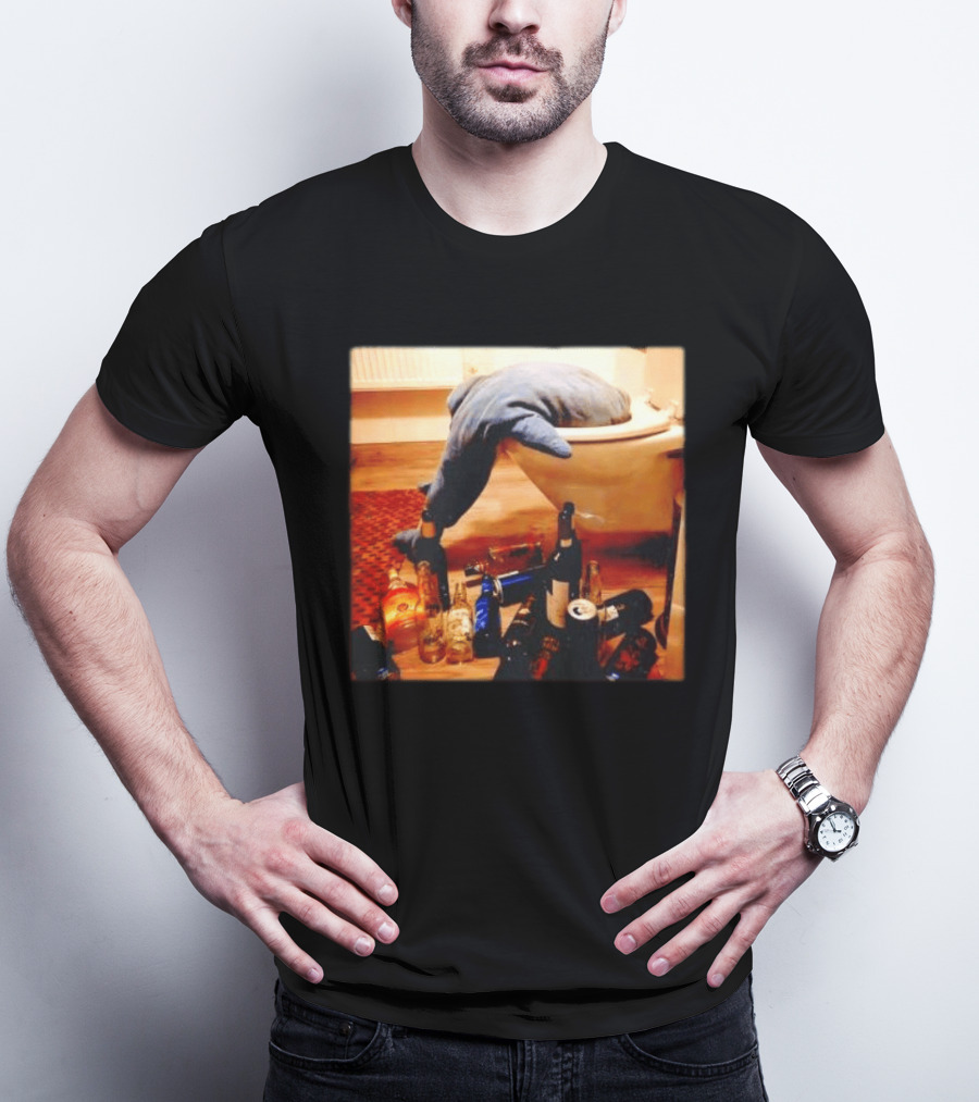 Shark Over Toilet With Alcohol Bottles Party Aftermath T-Shirt