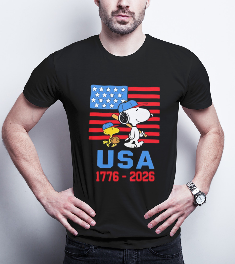 Snoopy Woodstock Peanuts USA Baseball American Flag 1776 2026 T-Shirt