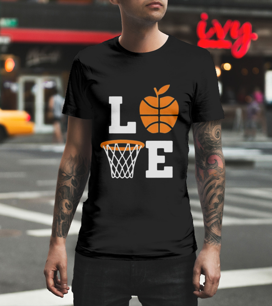 Love Apple Basketball Net Coach Teacher Player School Court Gameday T-Shirt