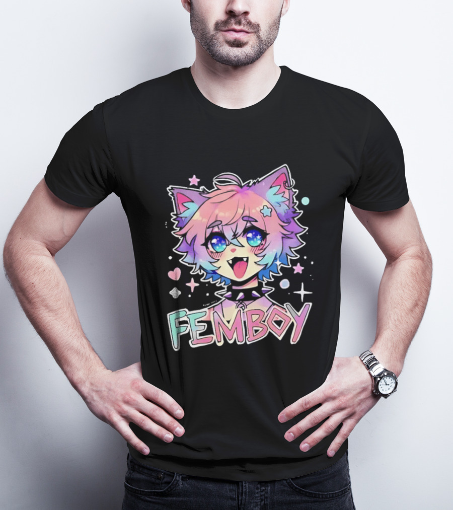 Femboy Catboy Nekomimi Anime Kawaii Pastel Sparkling Spiked Collar T-Shirt