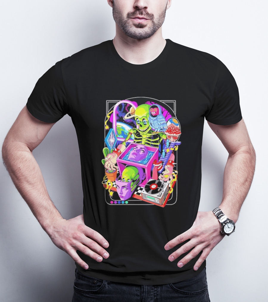 Green Skeleton Psychedelic Owl Surreal Heads Space Earth Trippy Mushrooms Record Player Adventure T-Shirt