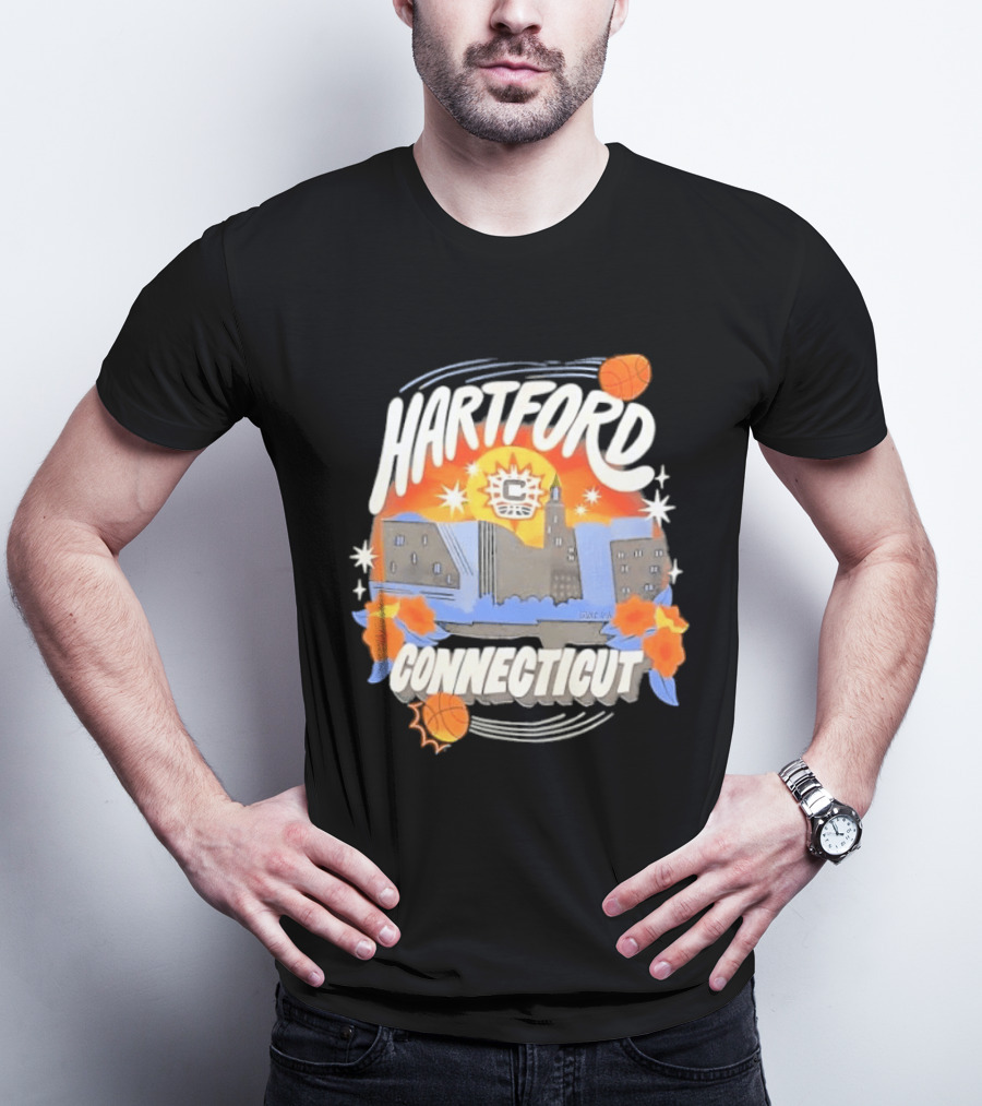 Hartford Connecticut Sun Basketball Skyline With Flowers And Basketballs T-Shirt