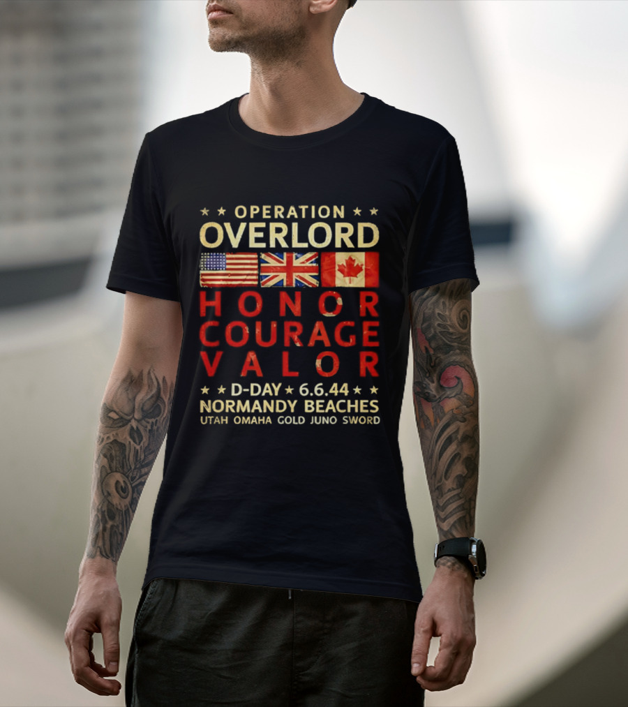 Operation Overlord Honor Courage Valor D Day 6.6.44 Normandy Beaches Utah Omaha Gold Juno Sword T-Shirt