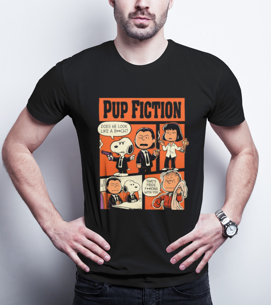 Peanuts Pup Fiction Does He Look Like A Bitch Snopy And Franklin Vincent Jules Mia T-Shirt