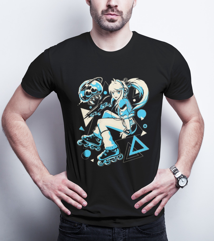 Samus Aran Metroid Rollerblades Skateboard Retro Gaming T-Shirt