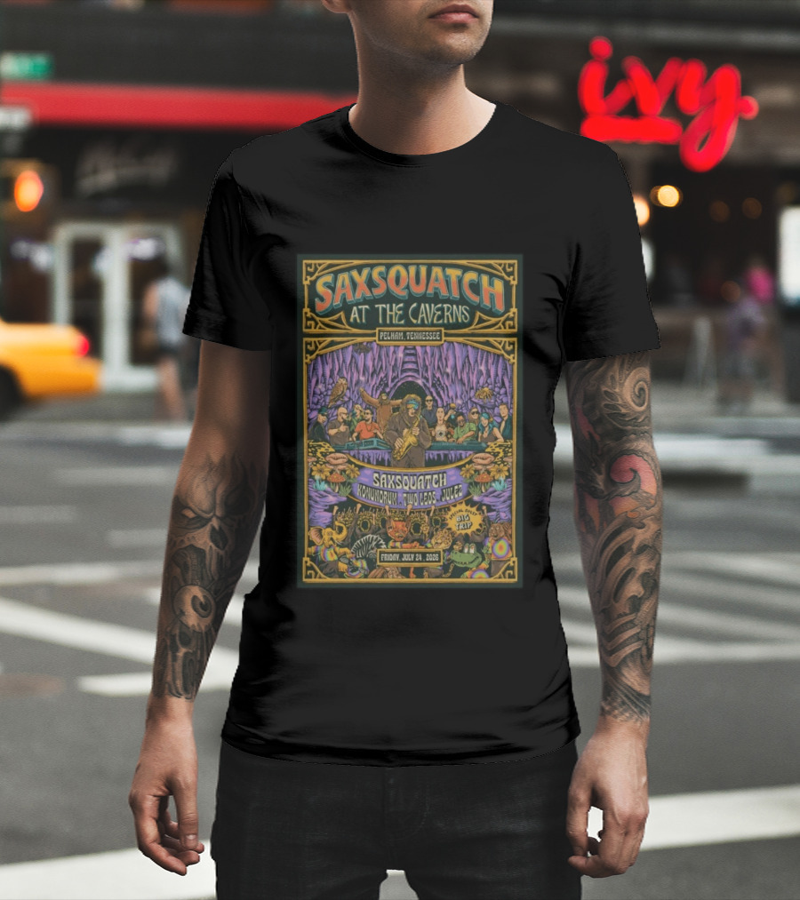Saxsquatch At The Caverns Pelham Tennessee July 24 2026 Konundrum Two Egos Julez T-Shirt