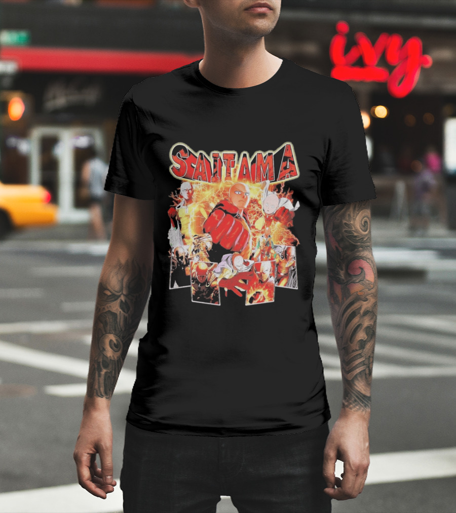 Saitama Hero Manga Character Collage With Lightning Fist T-Shirt