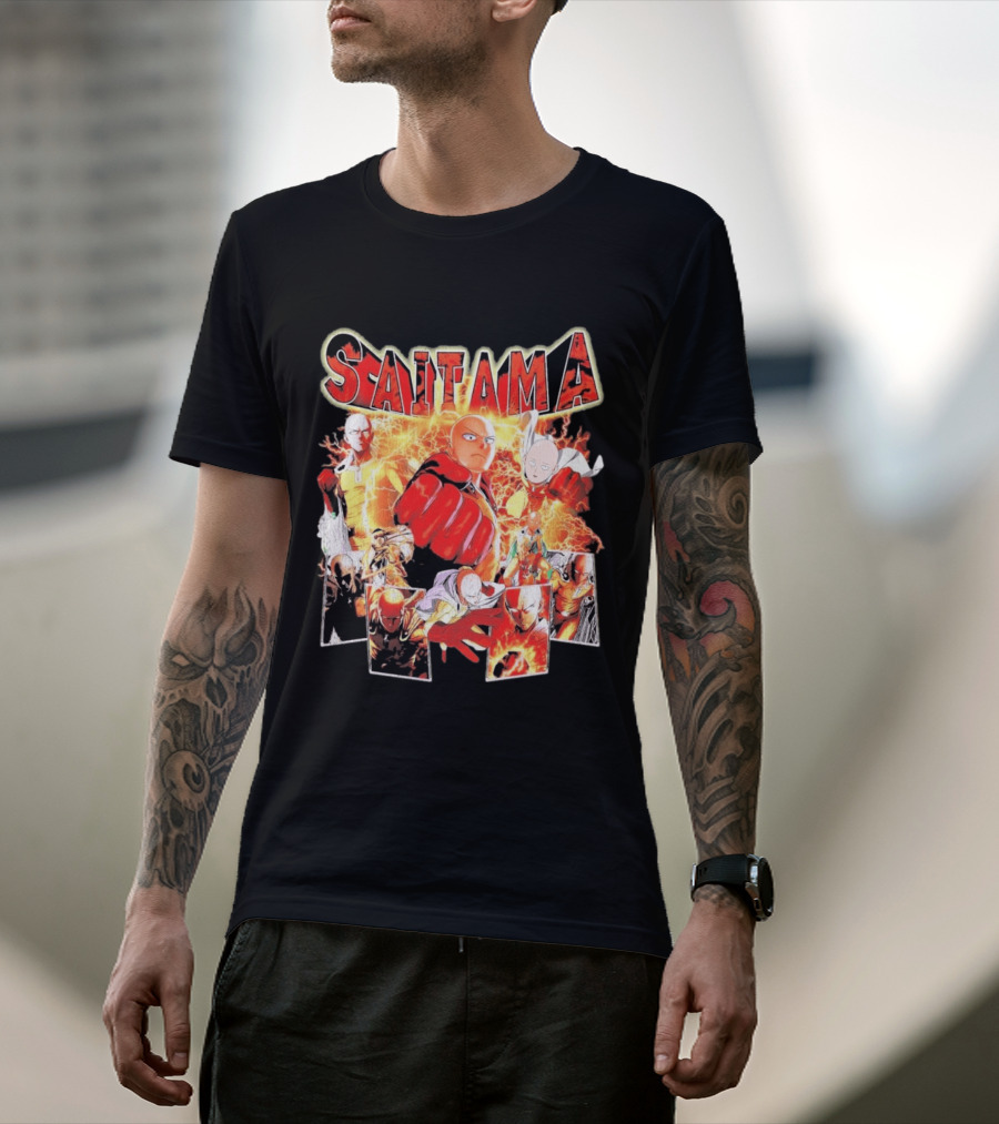 Saitama Hero Manga Character Collage With Lightning Fist T-Shirt