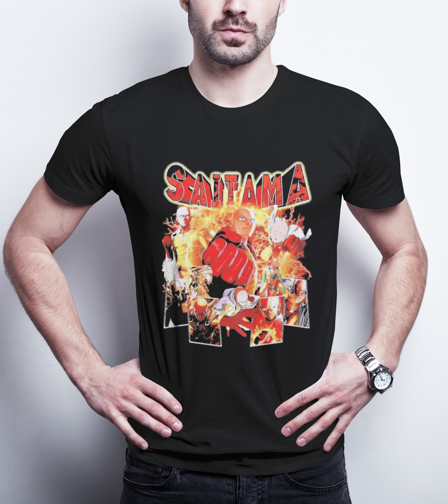 Saitama Hero Manga Character Collage With Lightning Fist T-Shirt