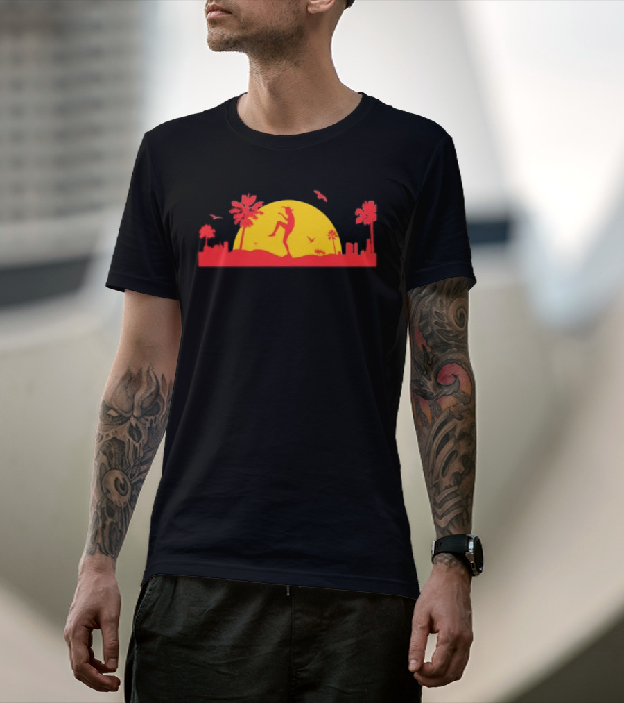 Cobra Kai Crane Kick Sunset Scene With Palm Trees And Birds T-Shirt