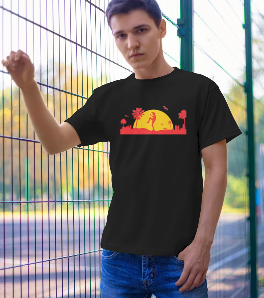 Cobra Kai Crane Kick Sunset Scene With Palm Trees And Birds T-Shirt