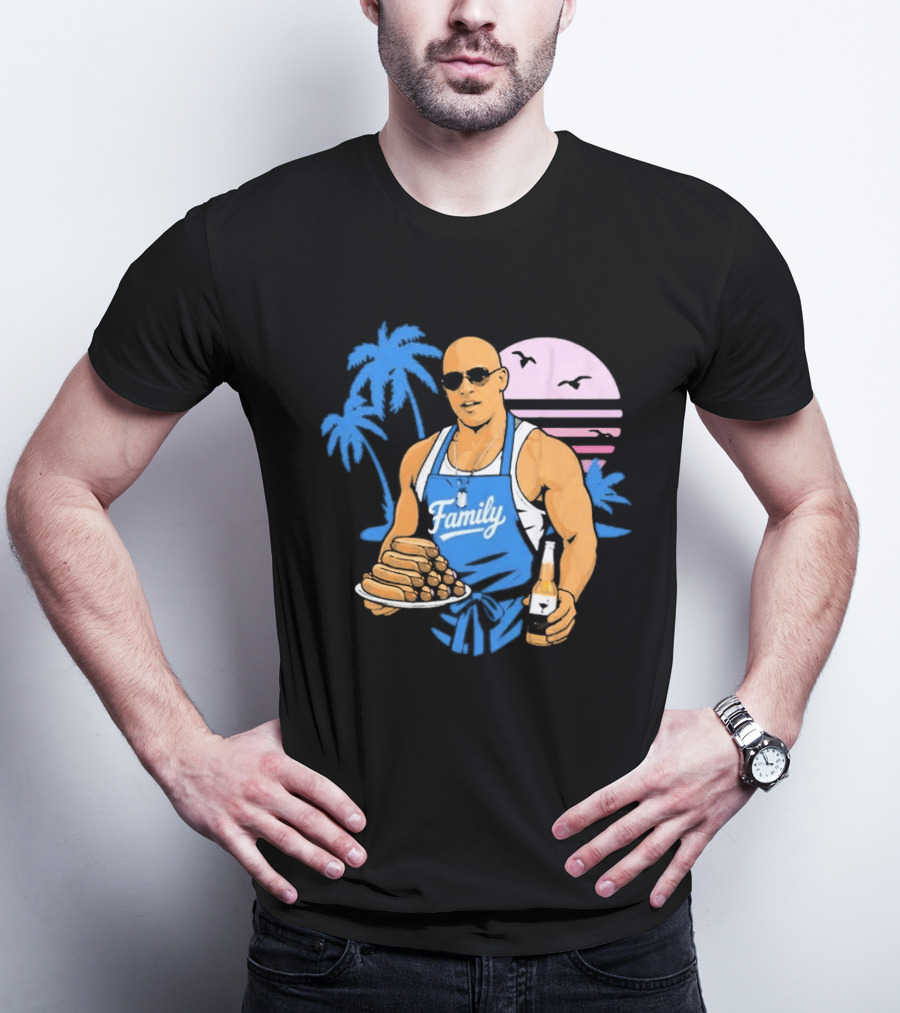 KCCO Family BBQ With Hot Dogs Palm Trees Sunset Birds T-Shirt