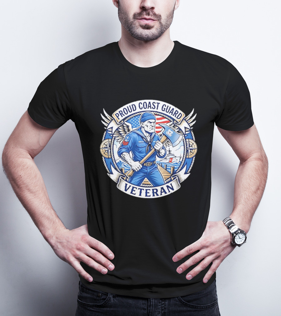 Proud Coast Guard Veteran USCG Military Sailor With Axe And American Flag T-Shirt