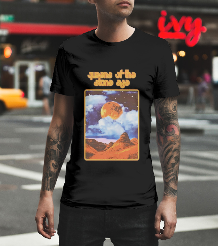 Queens Of The Stone Age Moon Landscape With Orange Cloudy Night Sky And Desert Scene T-Shirt