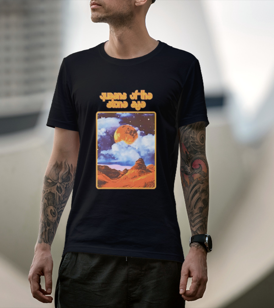 Queens Of The Stone Age Moon Landscape With Orange Cloudy Night Sky And Desert Scene T-Shirt