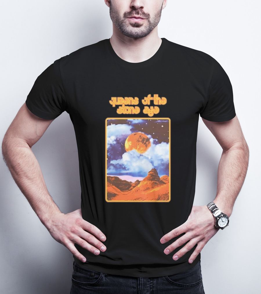 Queens Of The Stone Age Moon Landscape With Orange Cloudy Night Sky And Desert Scene T-Shirt
