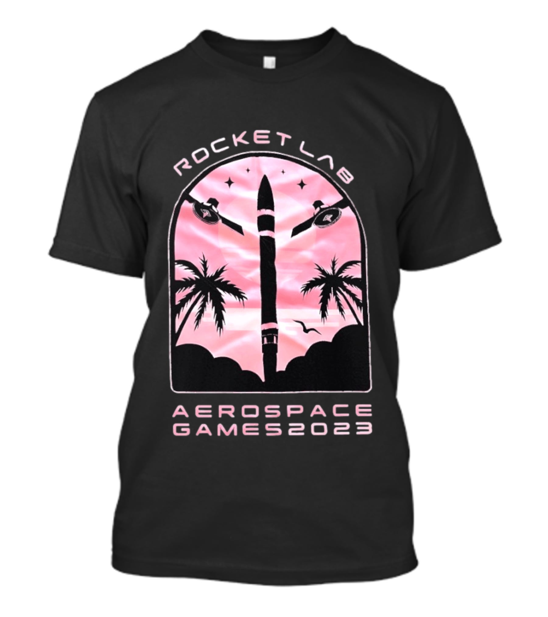 Rocket Lab Aerospace Games 2023 Rocket Space Satellite Event Palm Trees T-Shirt