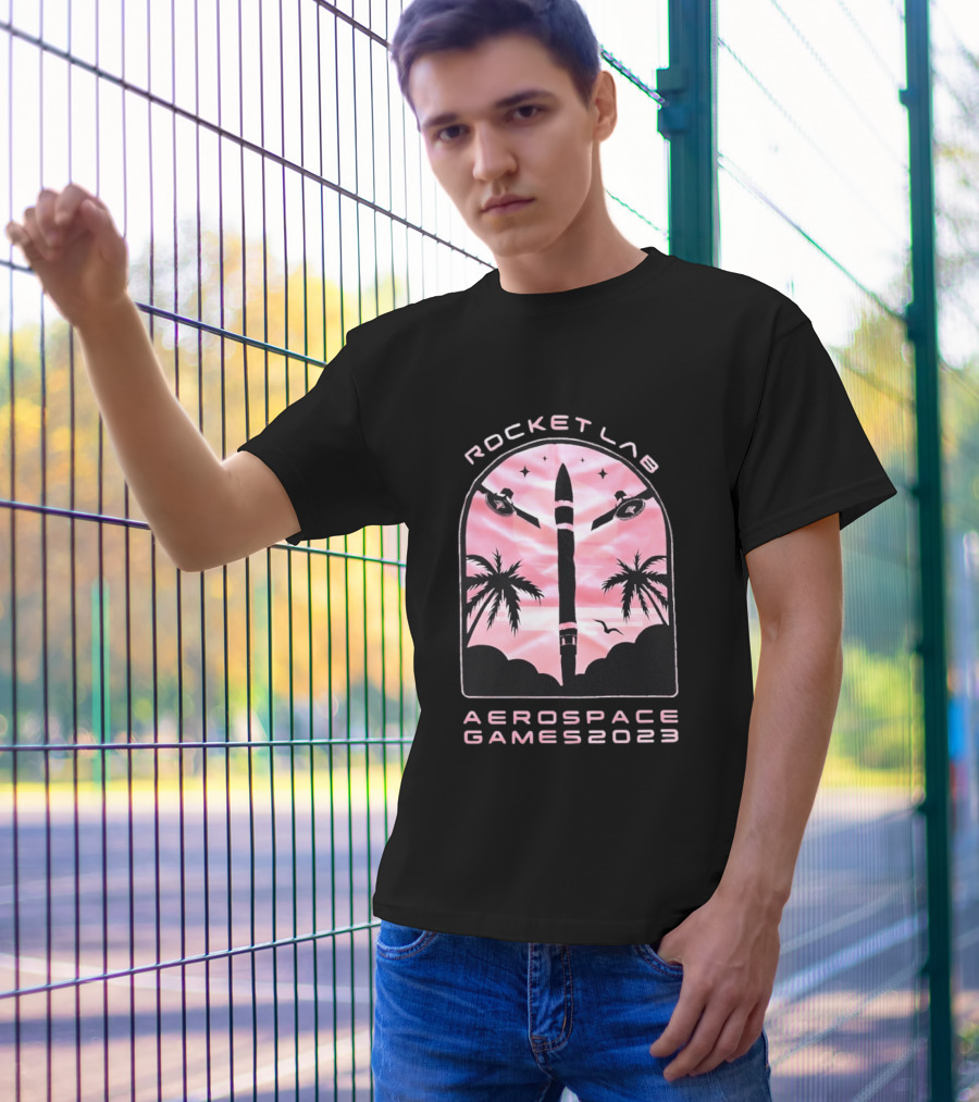 Rocket Lab Aerospace Games 2023 Rocket Space Satellite Event Palm Trees T-Shirt