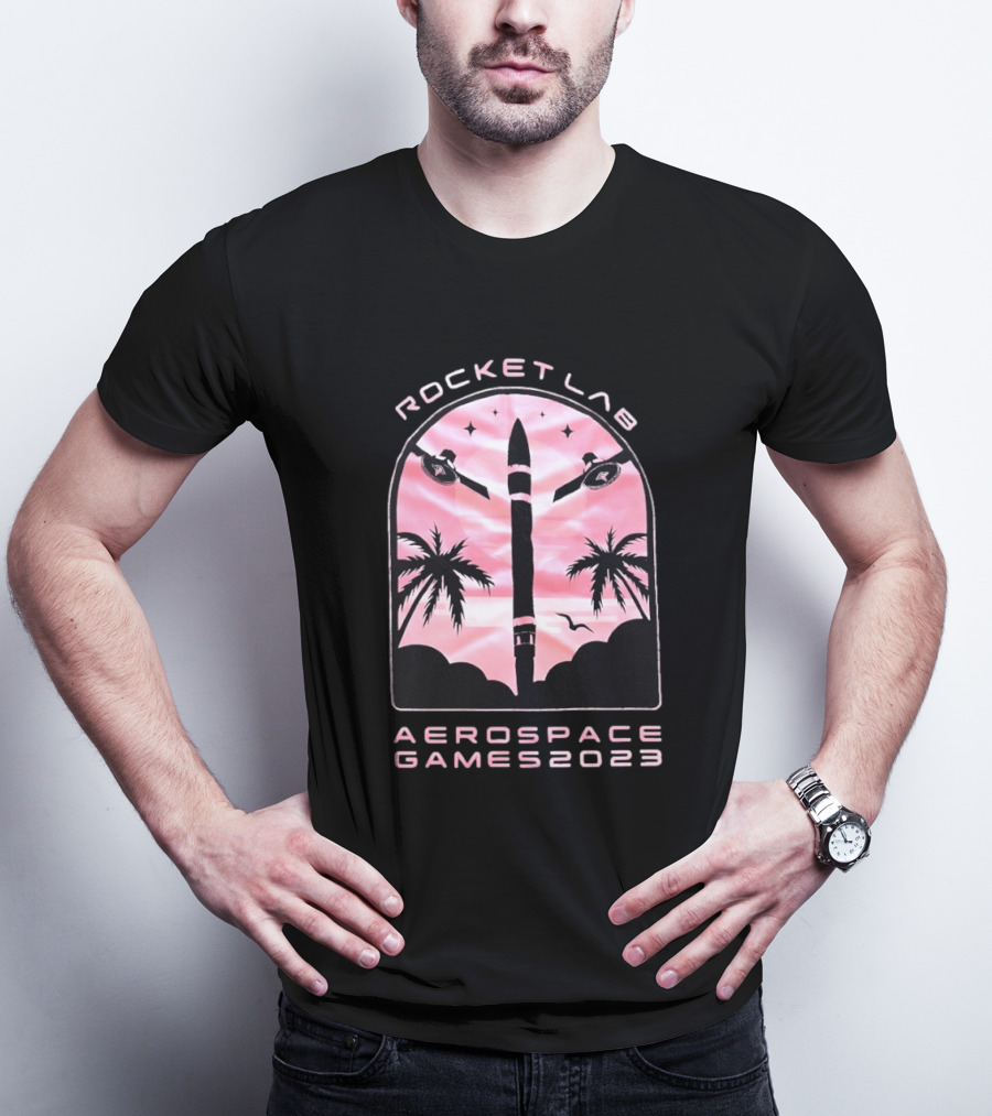 Rocket Lab Aerospace Games 2023 Rocket Space Satellite Event Palm Trees T-Shirt