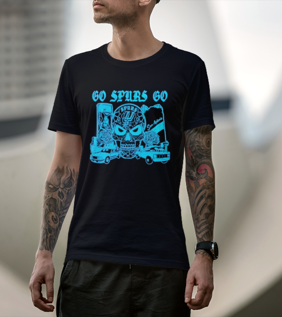 Go Spurs Go San Antonio Spurs NBA Skull And Cars T-Shirt