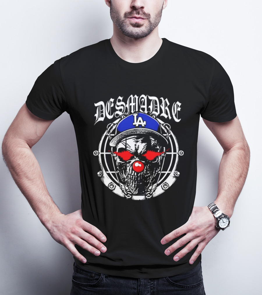 Skull In Los Angeles Dodgers Cap With Clown Makeup And DESMADRE T-Shirt