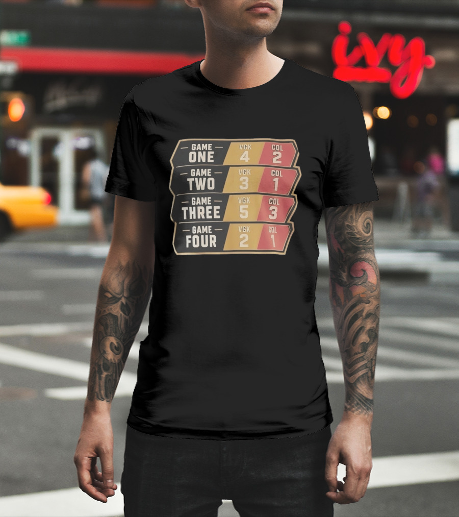Vegas Golden Knights Vs Colorado Avalanche Game One To Four Scores VGK COL T-Shirt