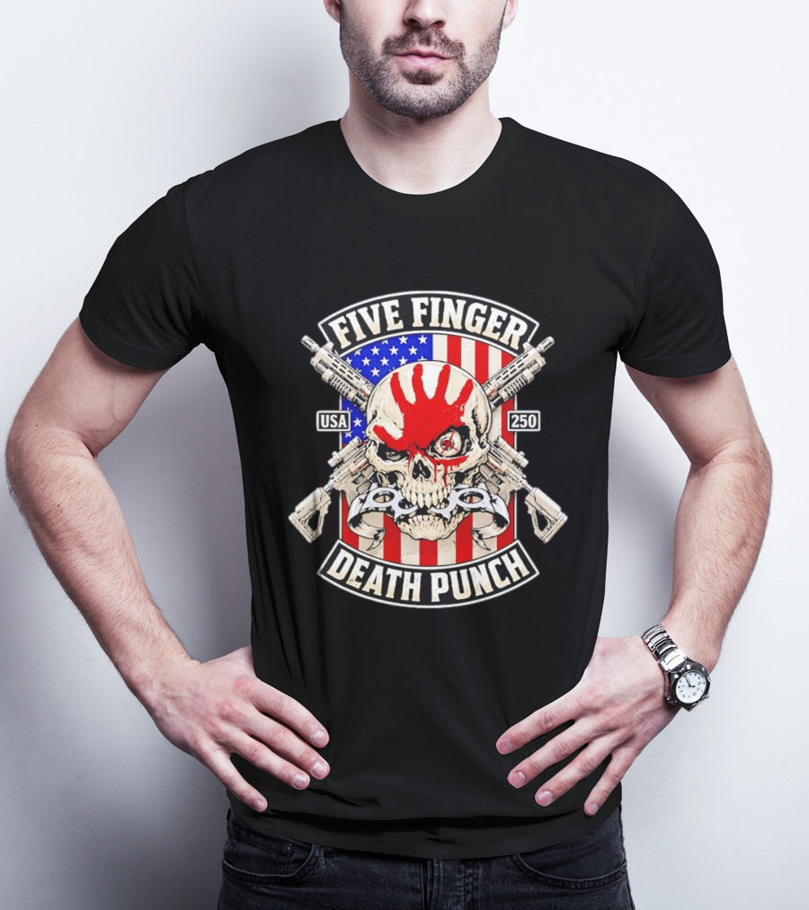 Five Finger Death Punch USA Skull With Guns And American Flag 250 July 4th T-Shirt