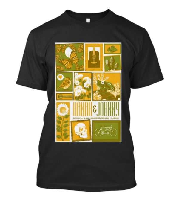 Hanah & Johnny May 30 2026 Ringer's Bar & Restaurant Slinger WI Butterfly Guitar Skull Bicycle Floral T-Shirt