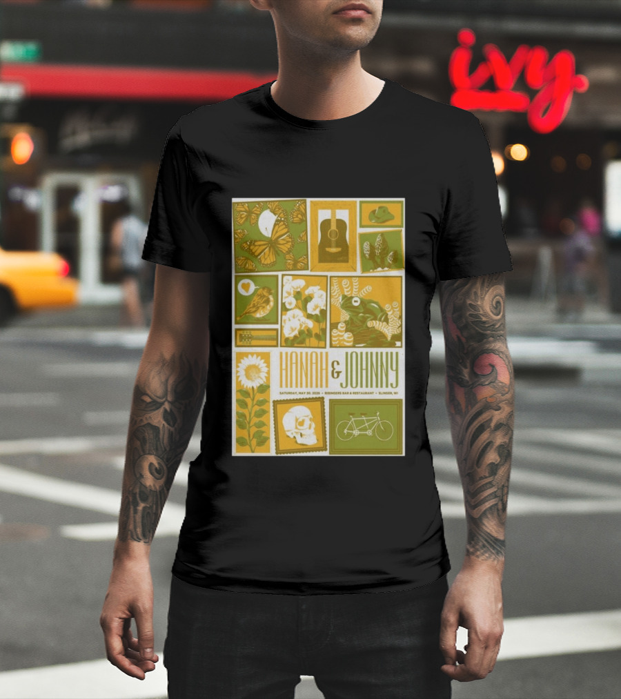 Hanah & Johnny May 30 2026 Ringer's Bar & Restaurant Slinger WI Butterfly Guitar Skull Bicycle Floral T-Shirt
