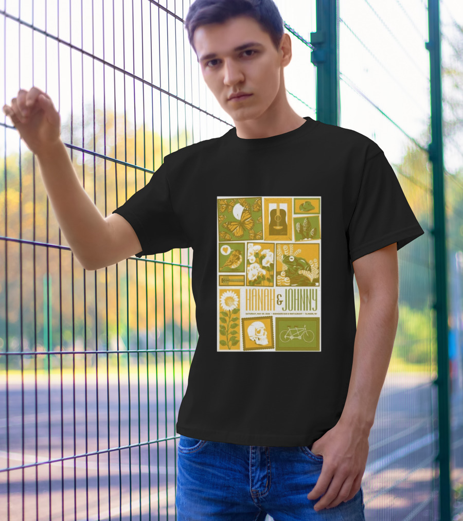 Hanah & Johnny May 30 2026 Ringer's Bar & Restaurant Slinger WI Butterfly Guitar Skull Bicycle Floral T-Shirt