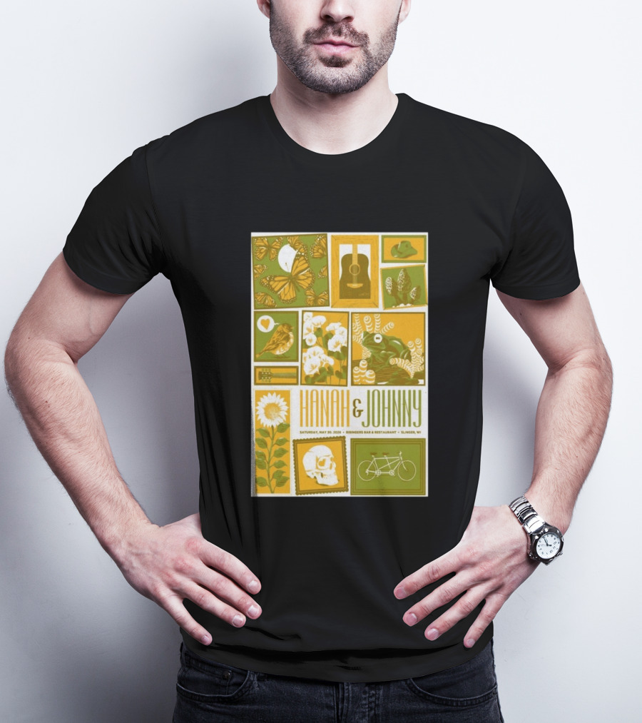 Hanah & Johnny May 30 2026 Ringer's Bar & Restaurant Slinger WI Butterfly Guitar Skull Bicycle Floral T-Shirt