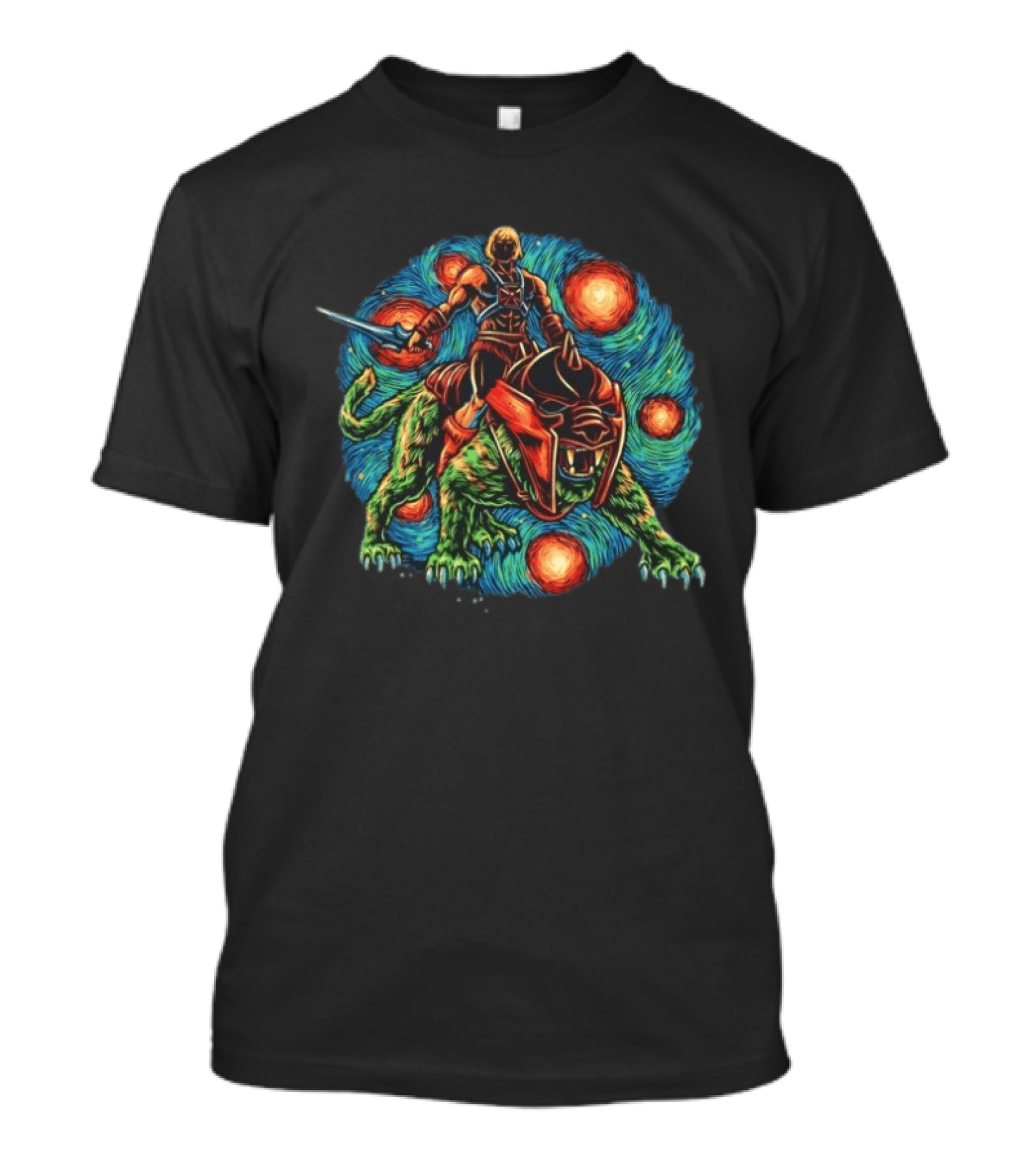 He Man And Battle Cat Starry Night Strength Courage Van Gogh Fusion T-Shirt
