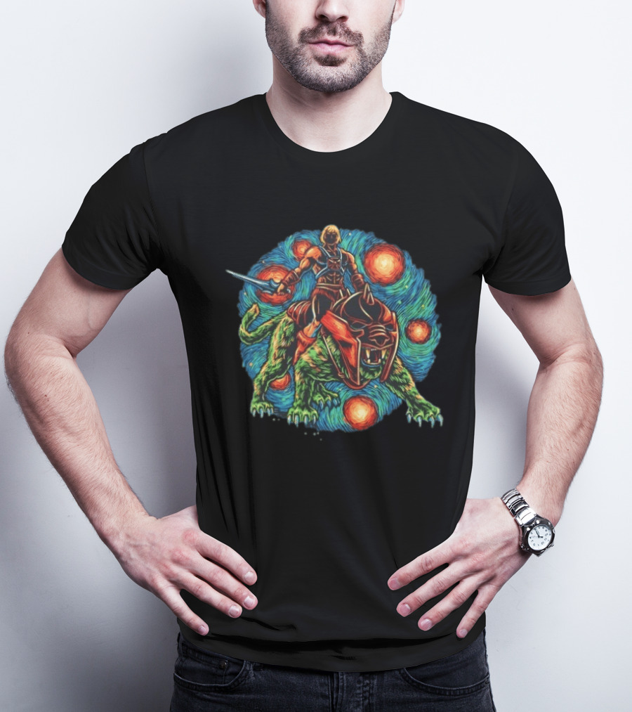 He Man And Battle Cat Starry Night Strength Courage Van Gogh Fusion T-Shirt