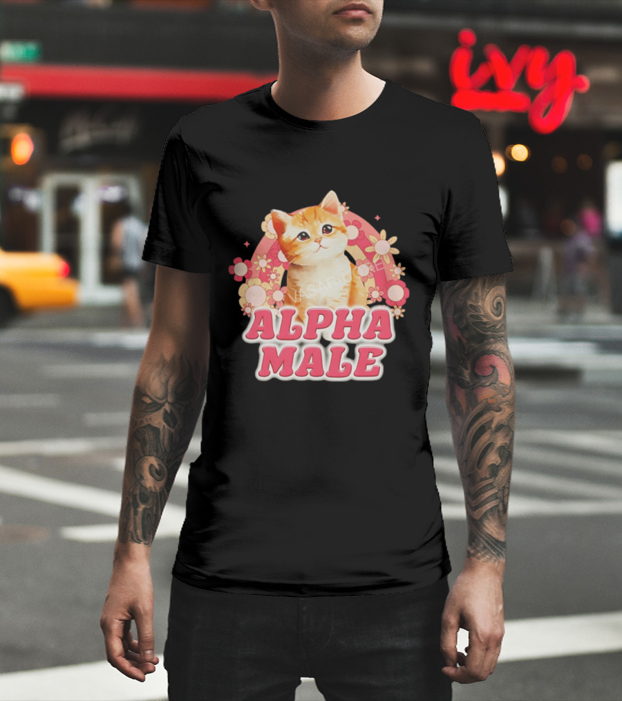 Alpha Male Kitten With Rainbow And Floral T-Shirt