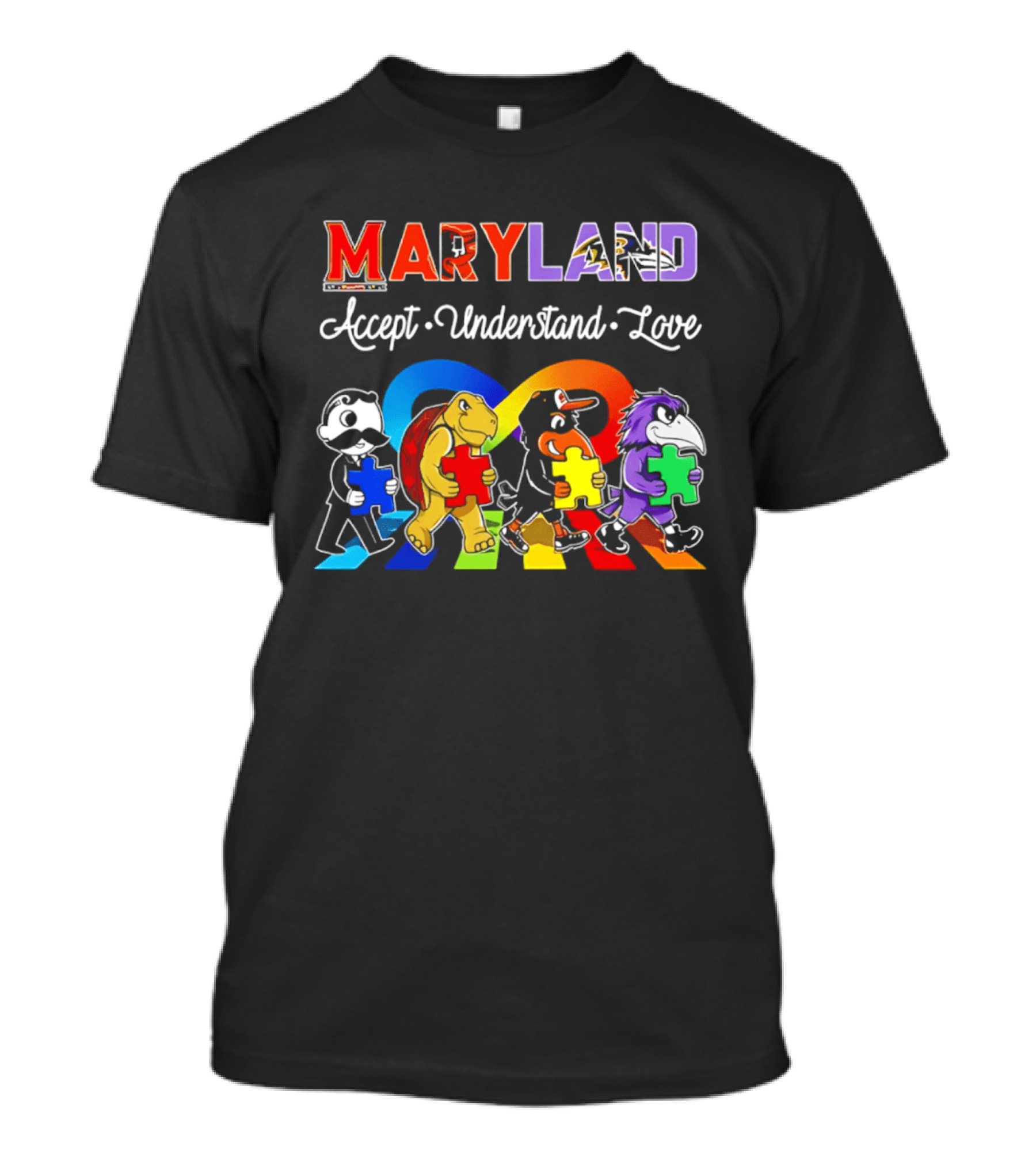 Maryland Pride Accept Understand Love With Sports Mascots And Puzzle Pieces T-Shirt