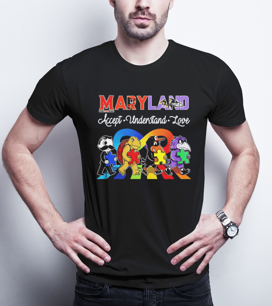 Maryland Pride Accept Understand Love With Sports Mascots And Puzzle Pieces T-Shirt
