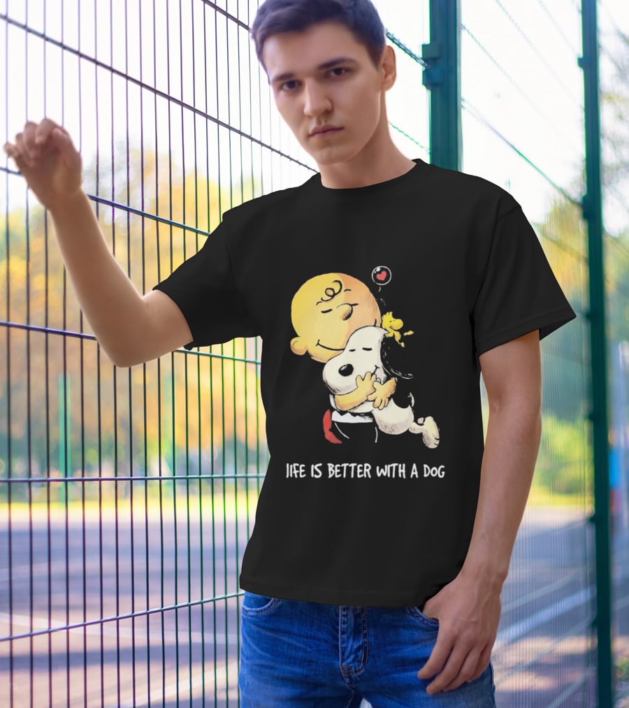 Snoopy Charlie Brown Life Is Better With A Dog Hugging Heart T-Shirt