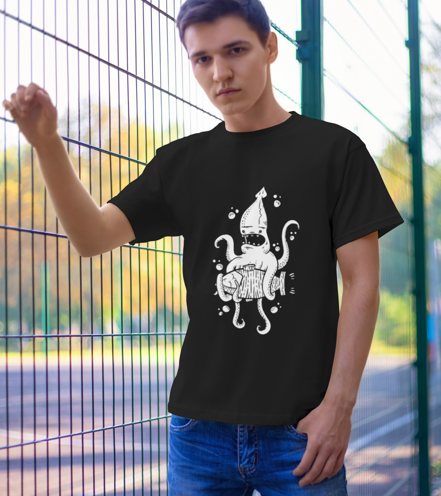 Squid Monster With Barrel Sea Creature Ocean Adventure T-Shirt