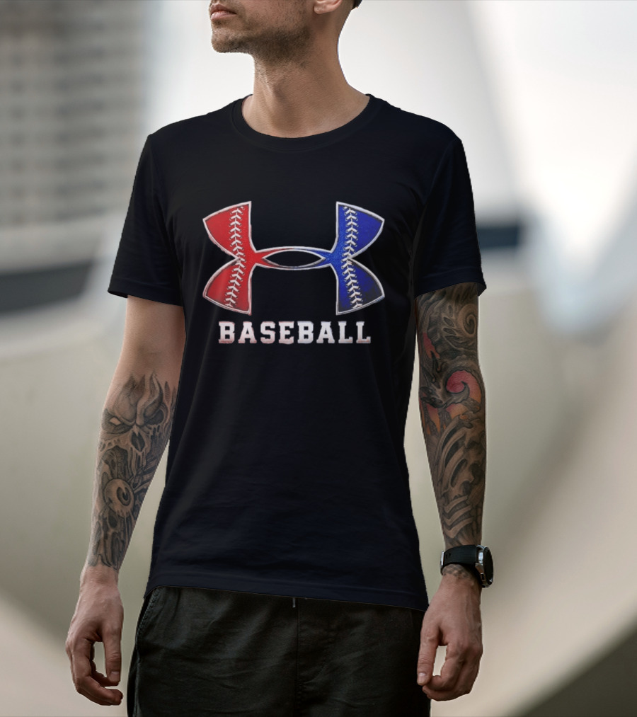 Under Armour Baseball Red Blue Stitch Performance Men T-Shirt