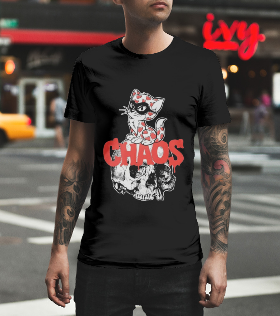 Chaos Cat Heart Pattern Masked Skull T-Shirt
