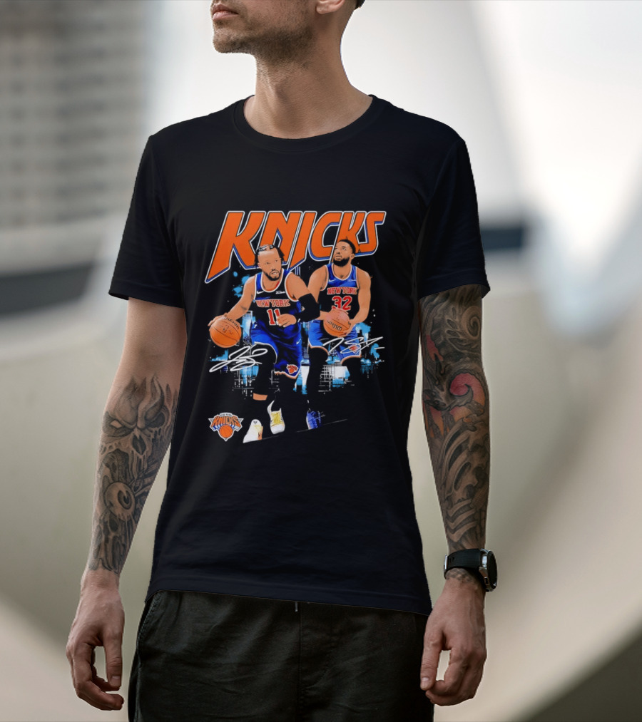 New York Knicks Jalen Brunson 11 Karl Anthony Towns 32 Dribbling Skills T-Shirt