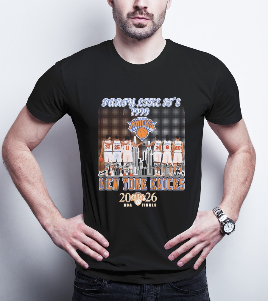 New York Knicks Party Like It's 1999 NBA Finals 2026 Karl Anthony Towns Mikal Bridges Jalen Brunson Patrick Ewing Latrell Sprewell T-Shirt