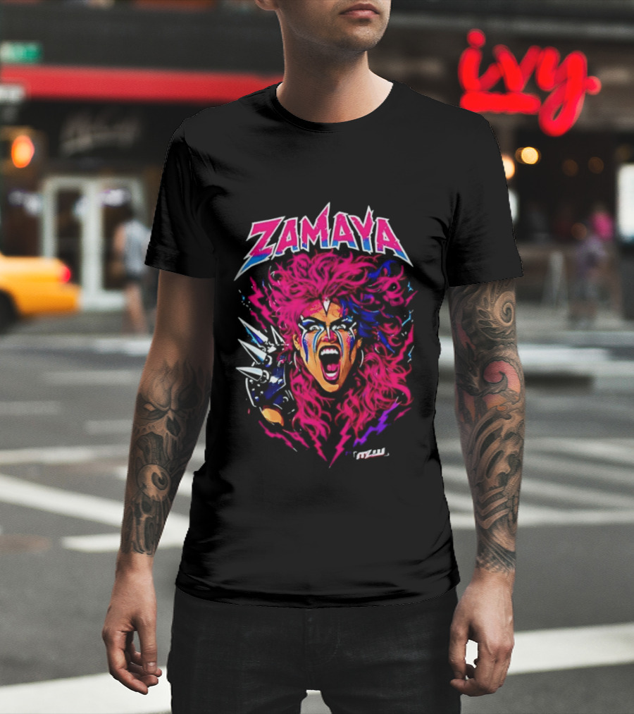 Zamaya Warrior Screaming Pink Hair Spiked Shoulder Pad T-Shirt