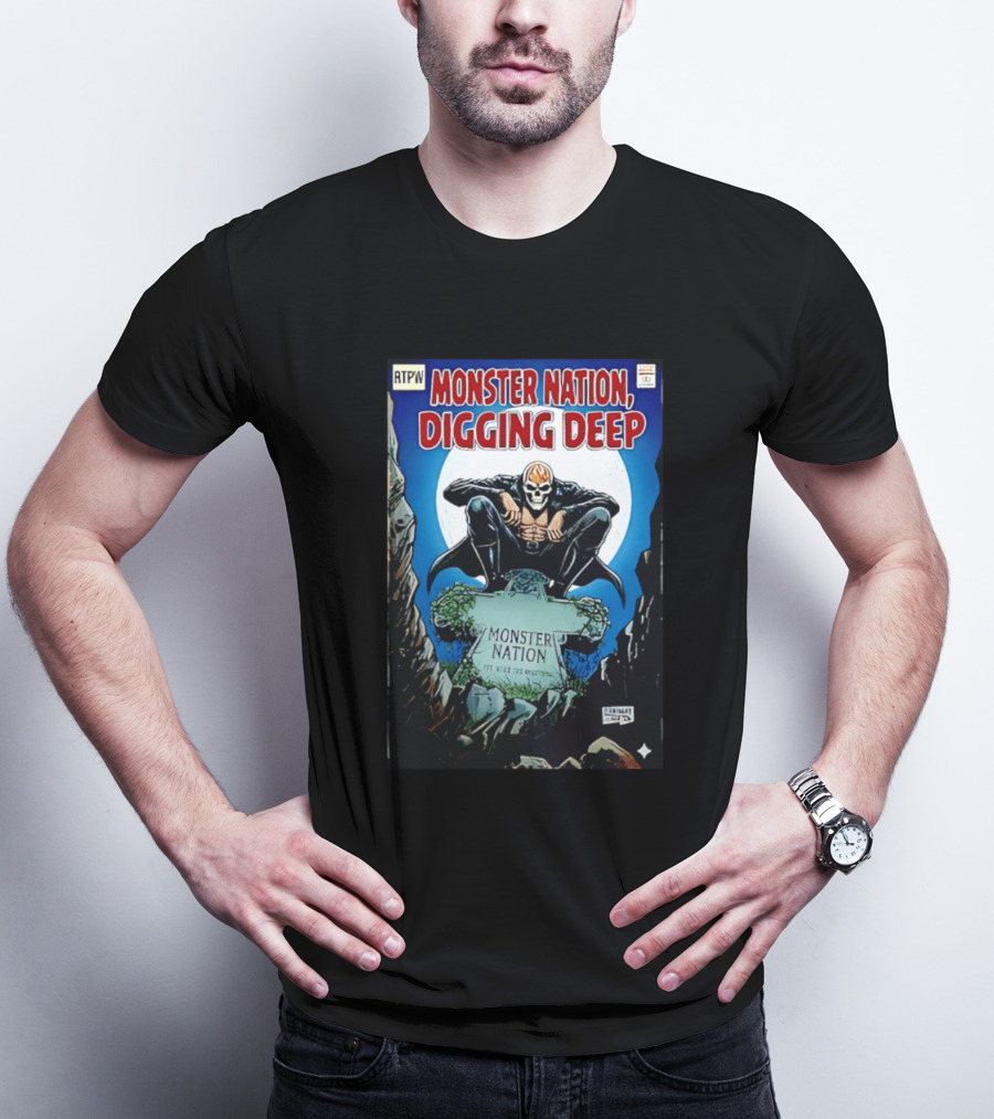 Monster Nation Digging Deep Comic Cover Tombstone Skeleton Superhero T-Shirt