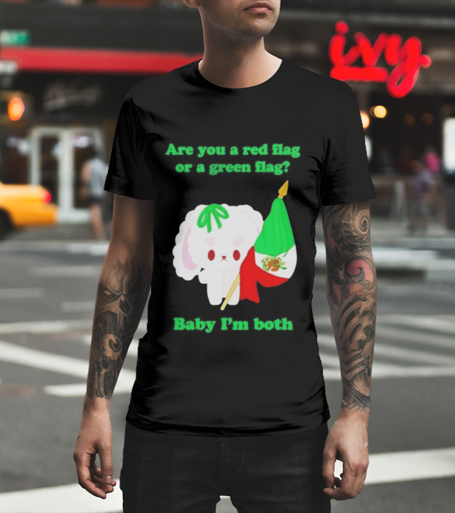 Nonomochi Mexico Flag Are You A Red Flag Or A Green Flag Cute Bunny Holding Mexican Flag T-Shirt