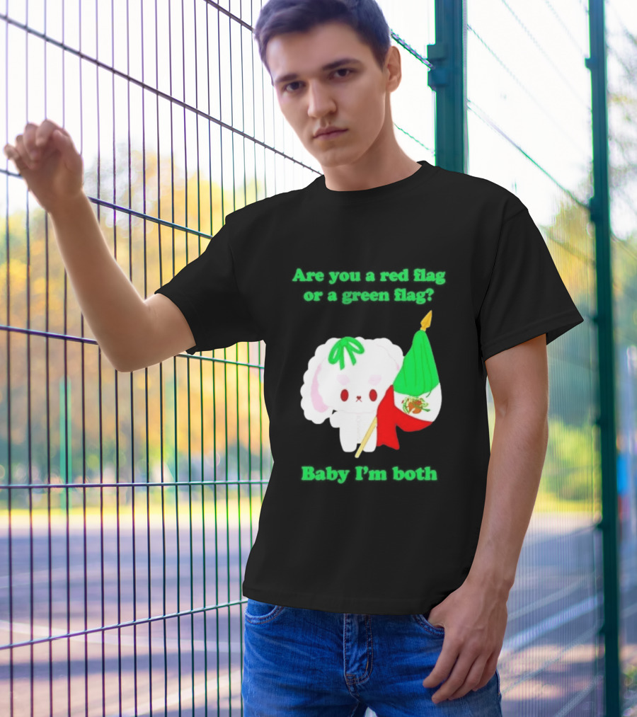 Nonomochi Mexico Flag Are You A Red Flag Or A Green Flag Cute Bunny Holding Mexican Flag T-Shirt