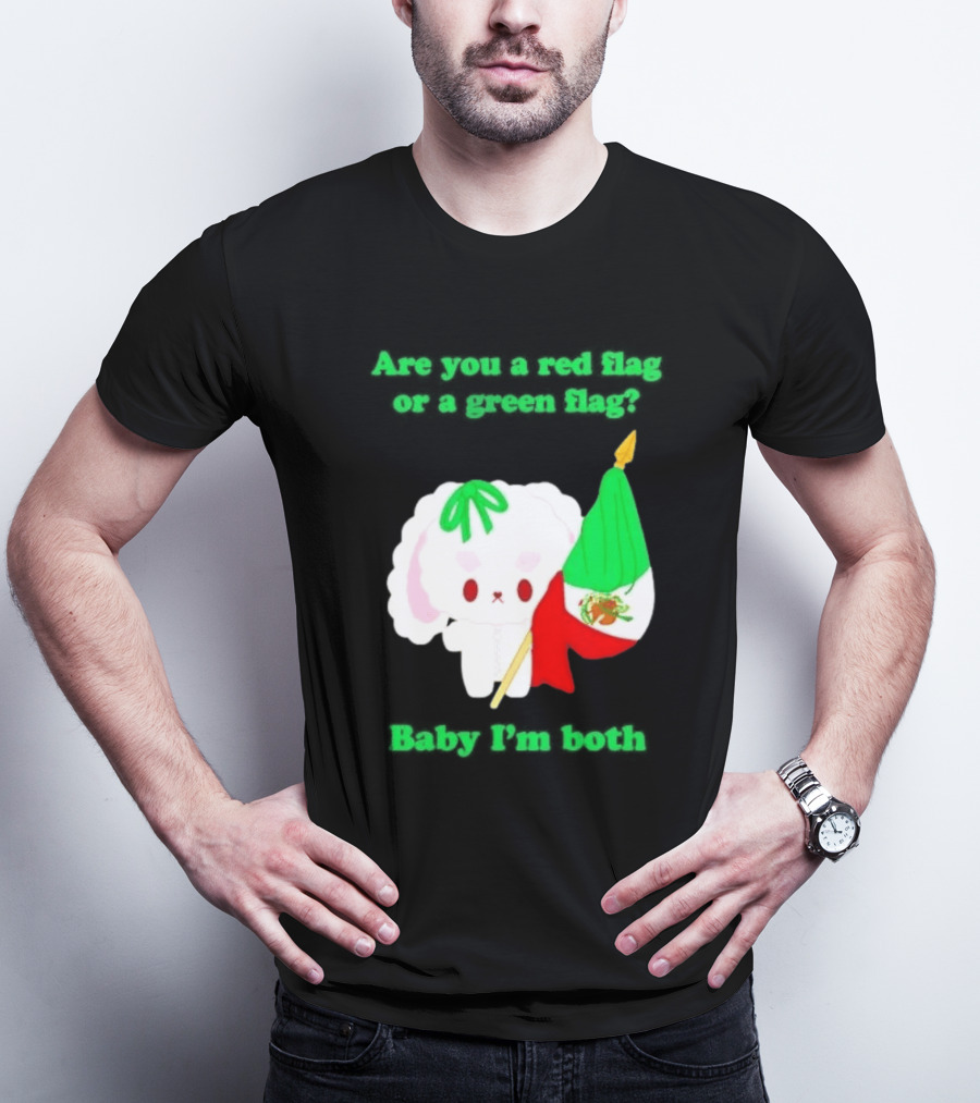 Nonomochi Mexico Flag Are You A Red Flag Or A Green Flag Cute Bunny Holding Mexican Flag T-Shirt