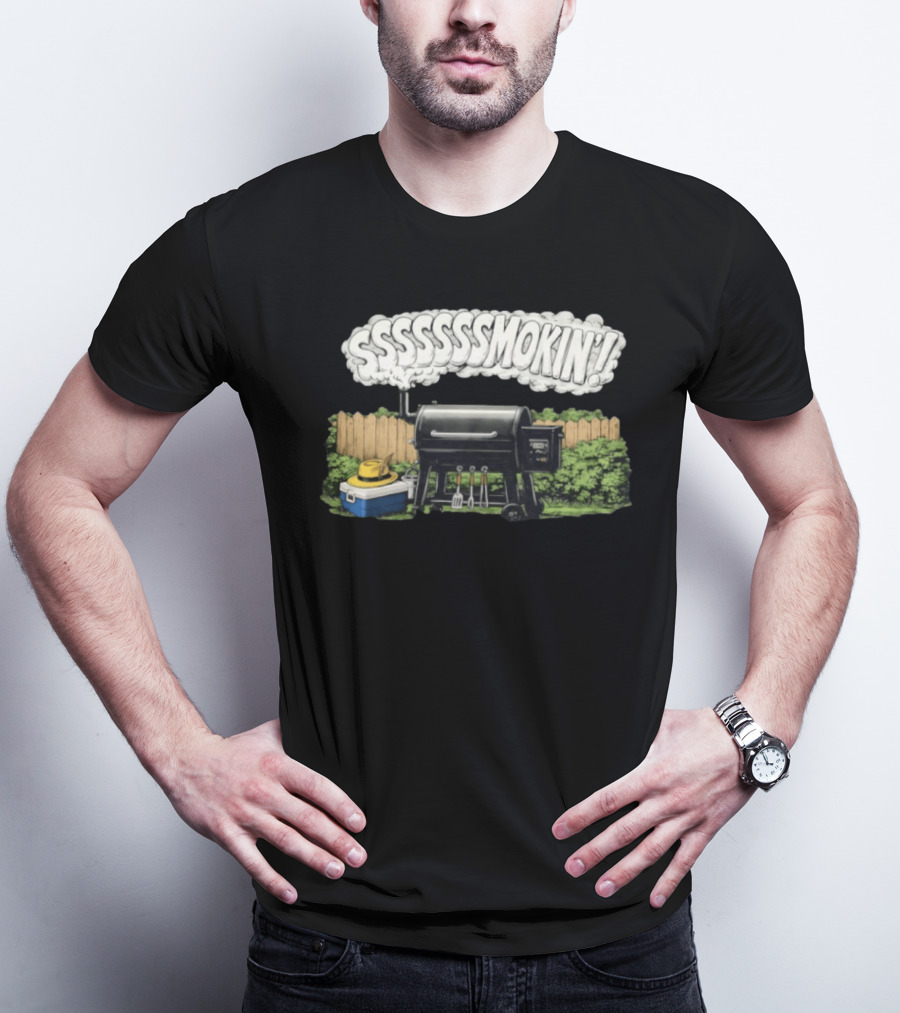Ssssssmokin Pellet Grill Backyard Barbecue Scene T-Shirt