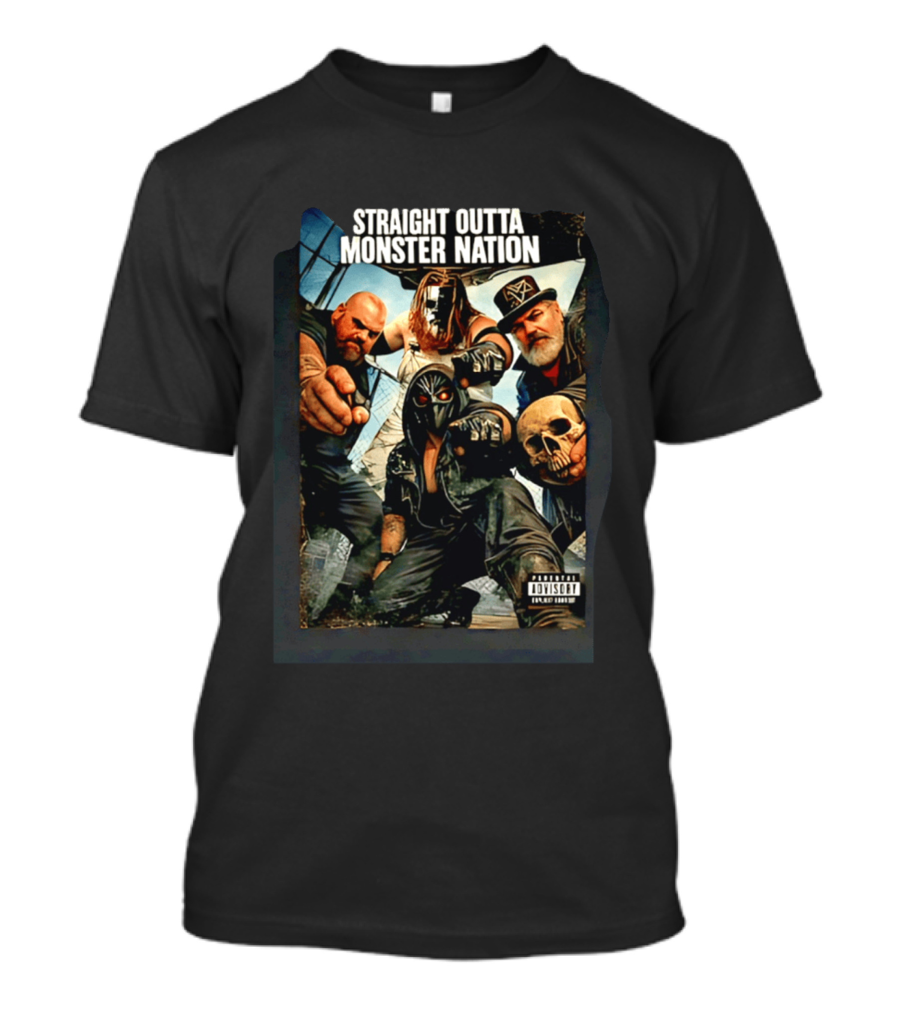 Straight Outta Monster Nation Group Pose With Skulls And Masks T-Shirt