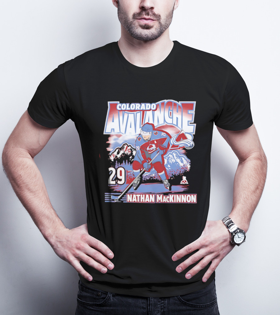 Colorado Avalanche Nathan MacKinnon 29 Hockey Mountain Scene T-Shirt